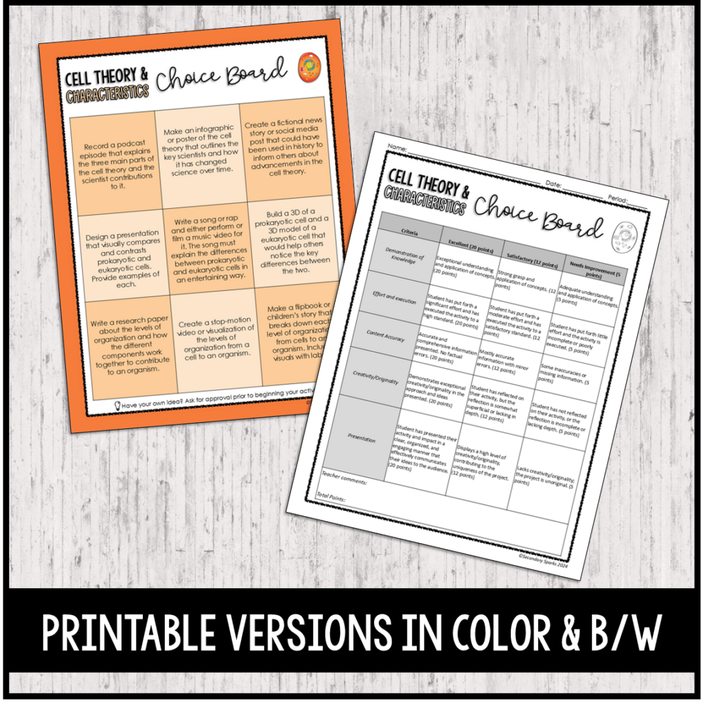 Cell Characteristics & Cell Theory Choice Board Project - Editable and ...