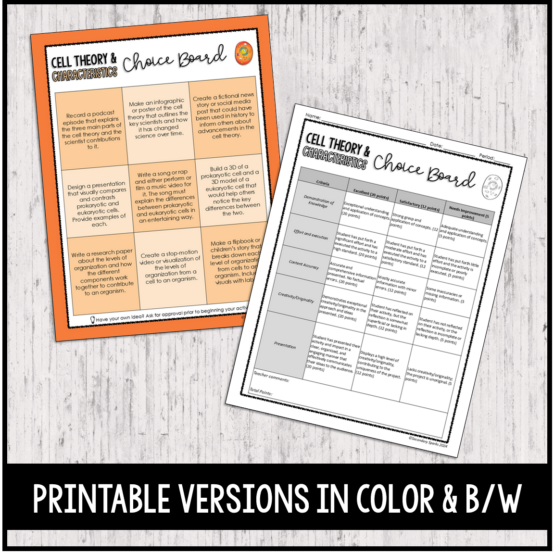 Cell Characteristics & Cell Theory Choice Board Project - Editable and ...