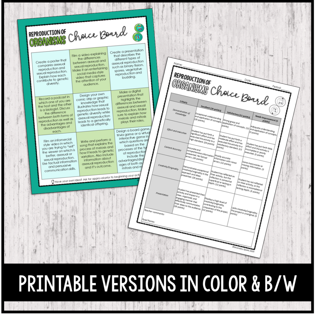 Asexual vs Sexual Reproduction Choice Board - Secondary Sparks
